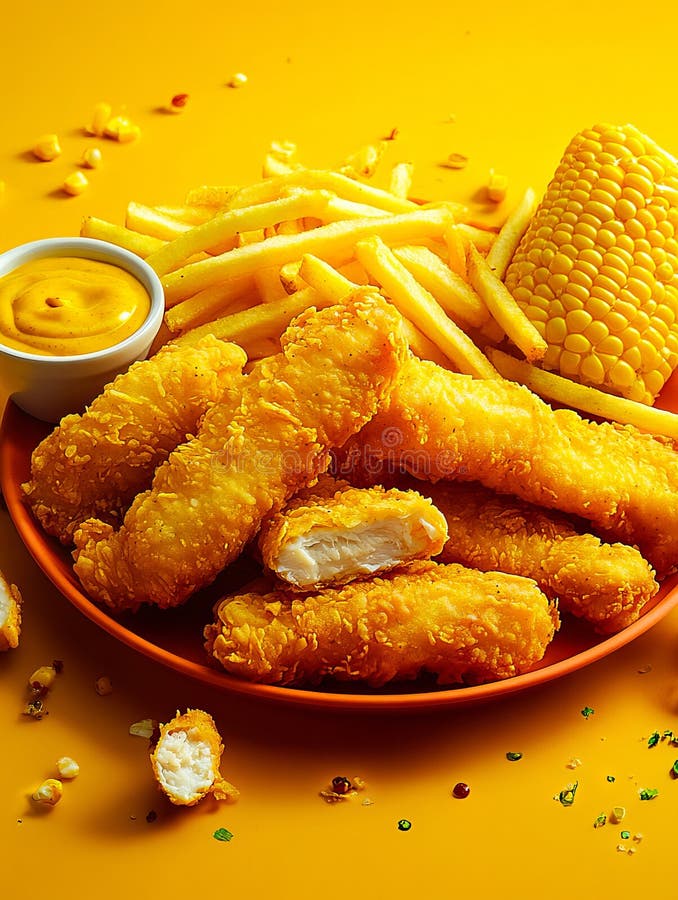A Plate of Fried Chicken and French Fries with Corn on the Cob Stock ...