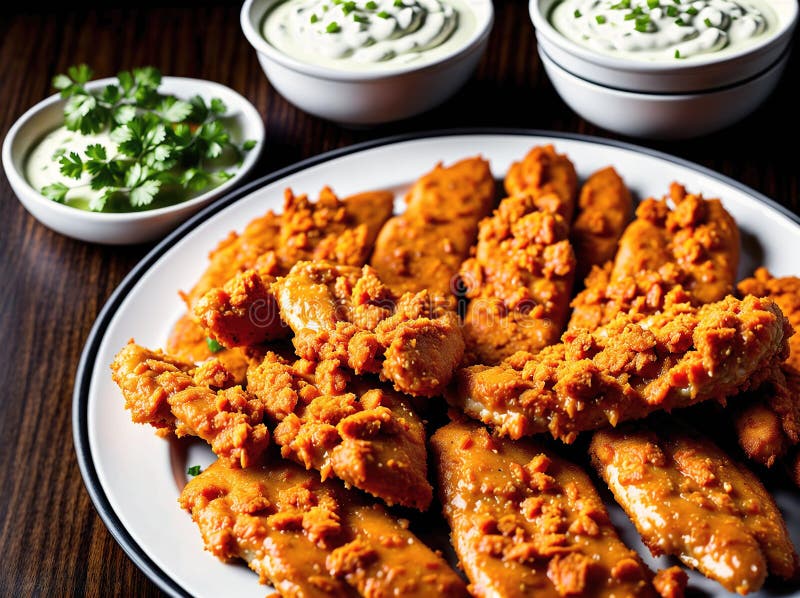 A Plate of Fried Chicken Wings with Dipping Sauce on the Side. Stock ...