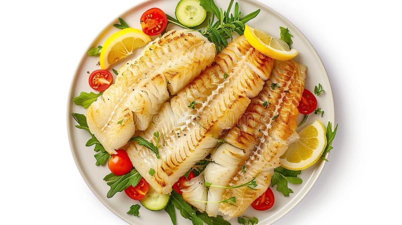 Plate of Fried Cod Fish Fillet with Vegetables Isolated on White ...