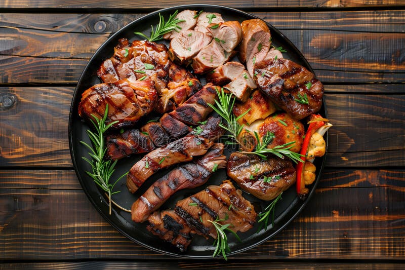 Plate with Fried Meat, Cold Cuts, on Wood Table, Top View Stock ...
