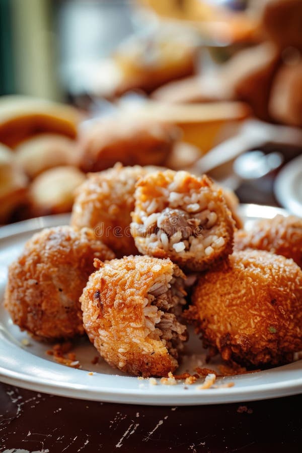 A Plate of Fried Rice Balls with One of Them Missing Stock Image ...