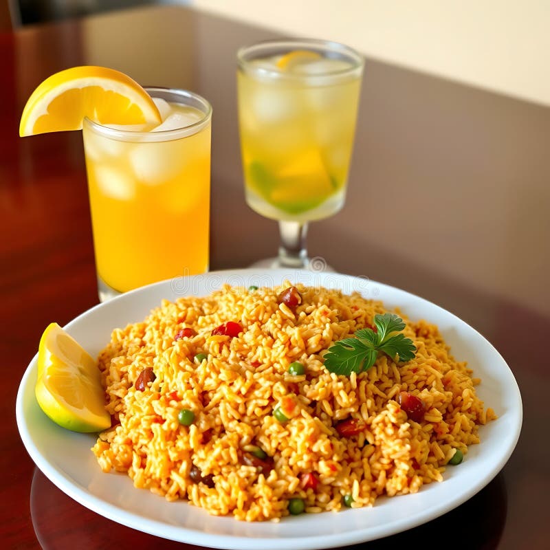 A Plate of Fried Rice with a Glass of Mango Soda, Garnished with a ...