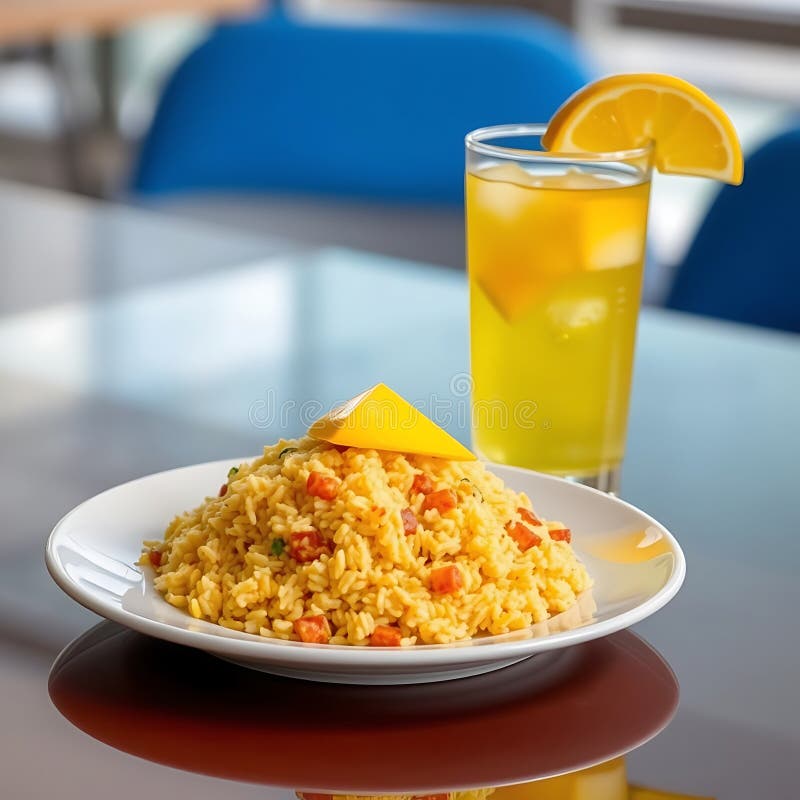 A Plate of Fried Rice with a Glass of Mango Soda, Garnished with a ...