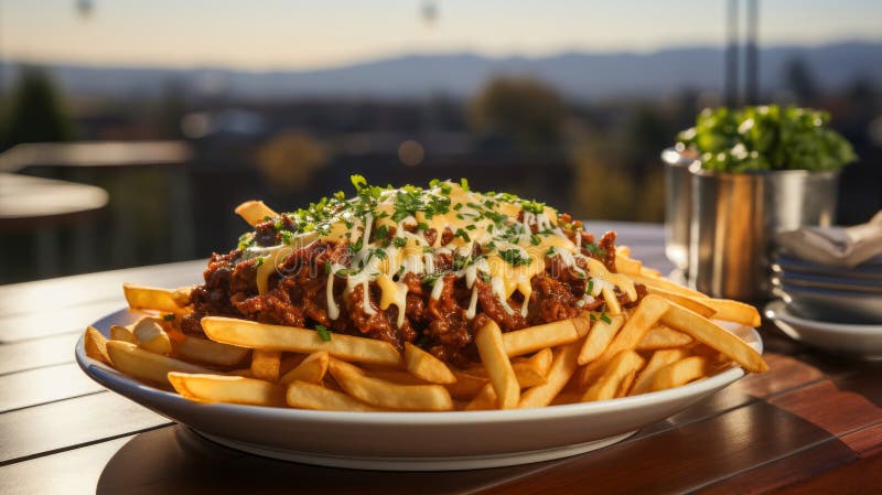 A Plate of Fries with Chili and Cheese. Generative AI. Stock ...