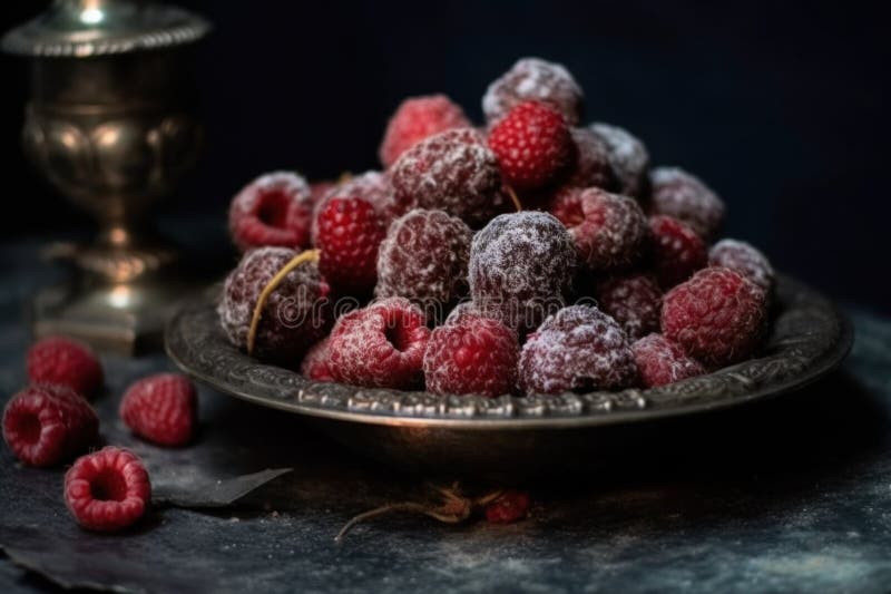 A Plate of Frozen Raspberries on a Table. Generative AI Image. Stock ...