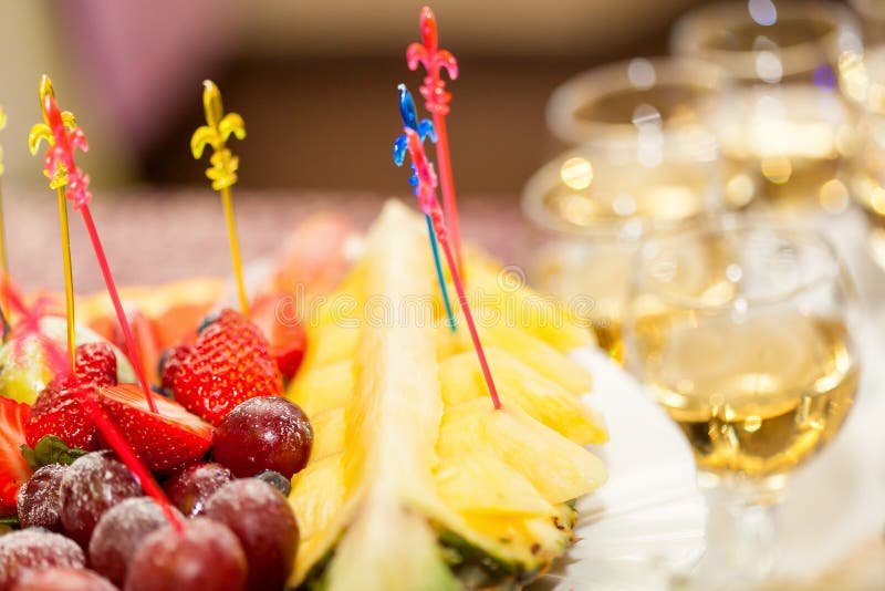 Plate with Fruit and Glass of Champagne Stock Image - Image of alcohol ...
