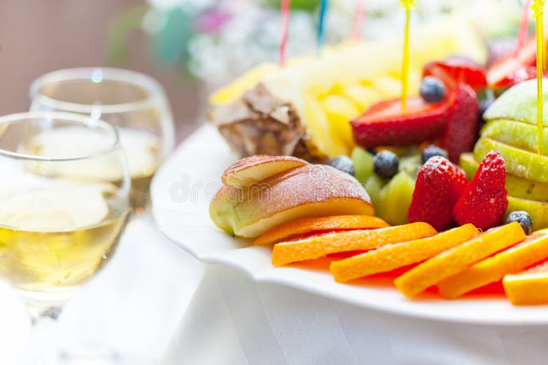 Plate with Fruit and Glass of Champagne Stock Photo - Image of dessert ...