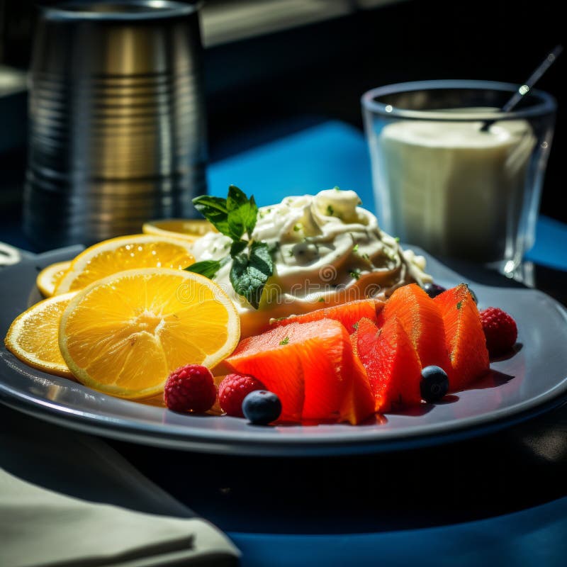 A Plate of Fruit and a Glass of Milk on a Table Stock Illustration ...