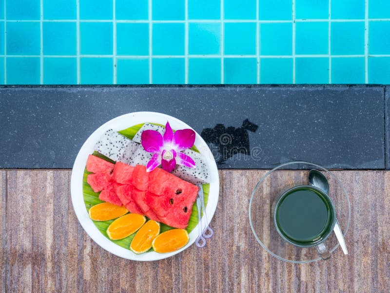 Fruit Platter on Side of Pool Stock Photo - Image of hotel, cuisine ...