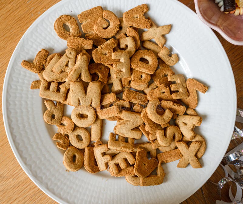 Plate Full of Crackers Formed As Letters.. Stock Photo - Image of ...