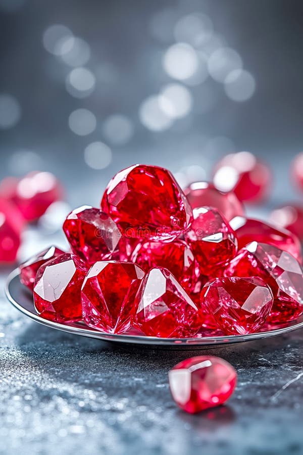 A Plate Full of Red Diamonds on a Table Stock Photo - Image of dark ...