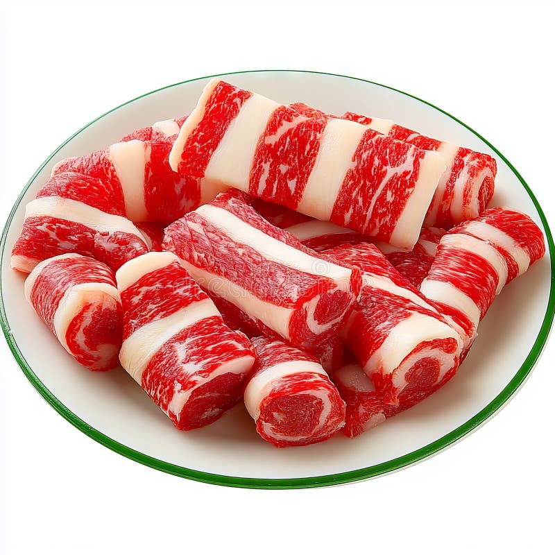 A Plate Full of Red and White Striped Meat on a White Background Stock ...