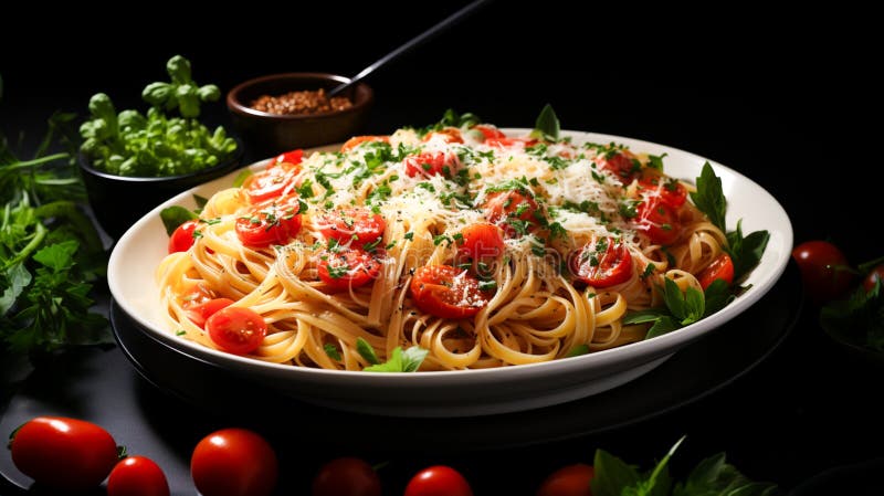 A Plate Full of Spaghetti Pasta with Tomatoes Stock Illustration ...