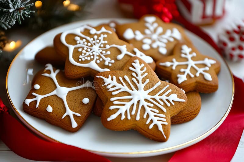 A Plate of Gingerbread Cookies Decorated with White Icing on a White ...