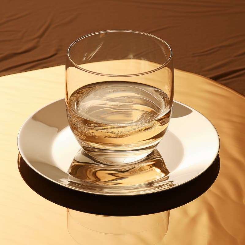 Plate and Glass on Golden or Silver Background: a Hyper-realistic Water ...