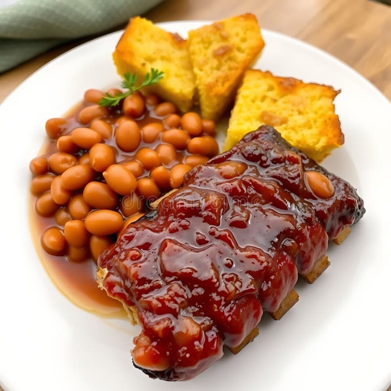 A Plate of Glazed Pork Ribs Served with Golden Cornbread and Baked ...