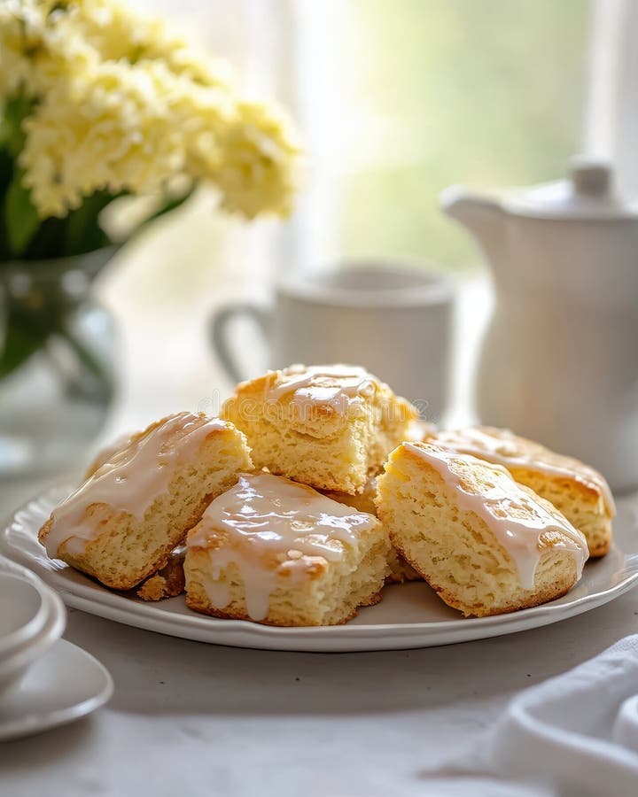 A Plate of Glazed Scones with a Floral Arrangement and Teapot in the ...