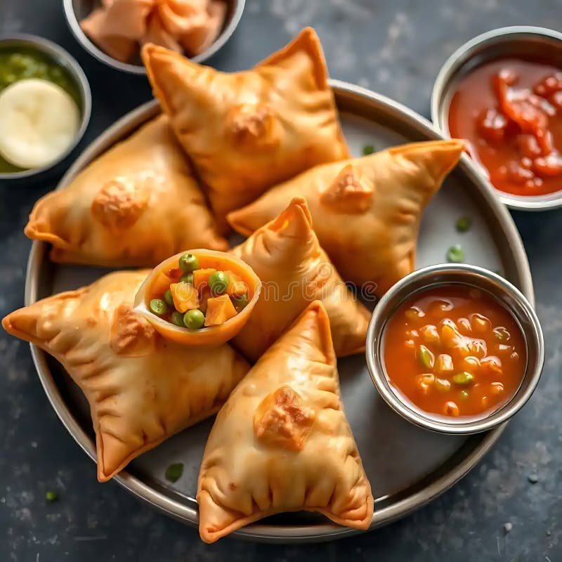 Golden Fried Samosas Served with Dipping Sauces Stock Illustration ...