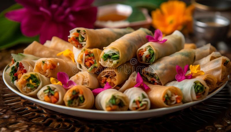 A Plate of Gourmet Spring Rolls, Wrapped Up and Ready To Eat Generated ...