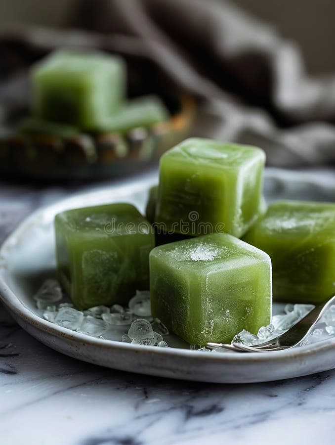 A Plate with Green Ice Cubes on it Stock Photo - Image of plate ...