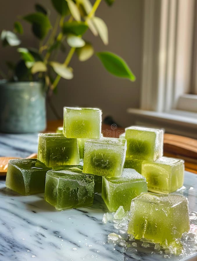 A Plate with Green Ice Cubes on it Stock Photo - Image of table, plate ...