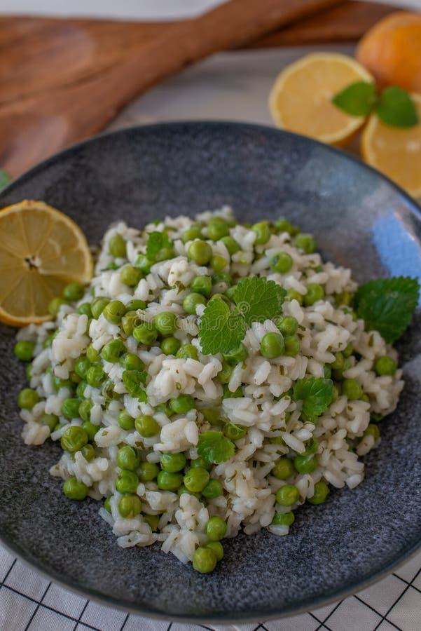 Plate of Green Pea Risotto with Green Pea Stock Image - Image of herb ...