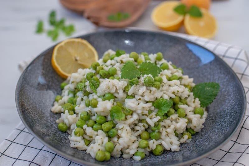 Plate of Green Pea Risotto with Green Pea Stock Photo - Image of style ...