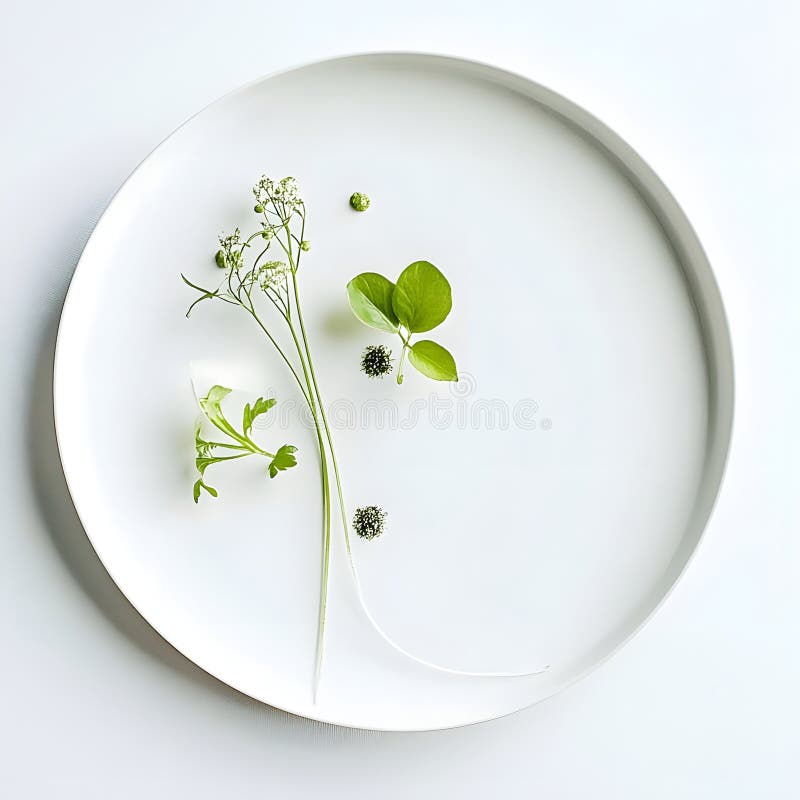 Plate with Green Plants on White Background. Flat Lay, Top View Stock ...