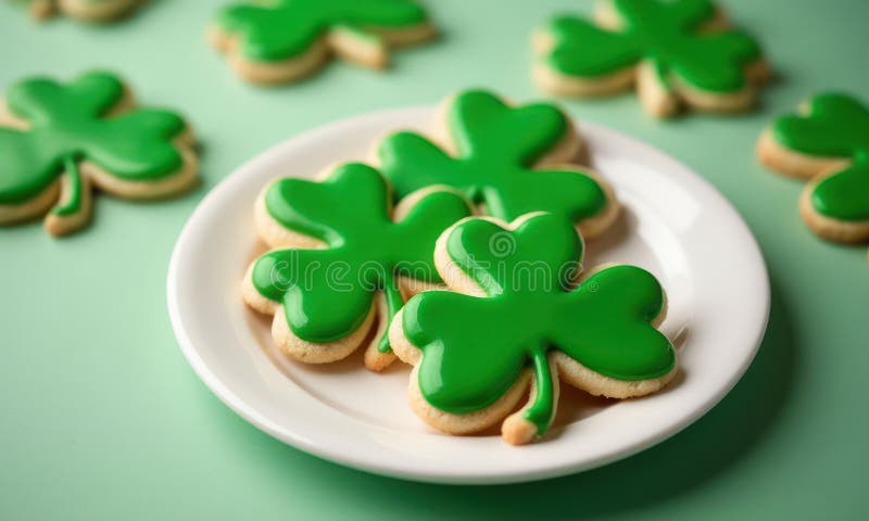 Plate of Green Shamrock Biscuits. Symbol of Irish St. Patrick Day Stock ...