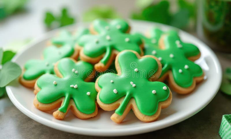 Plate of Green Shamrock Biscuits. Symbol of Irish St. Patrick Day Stock ...