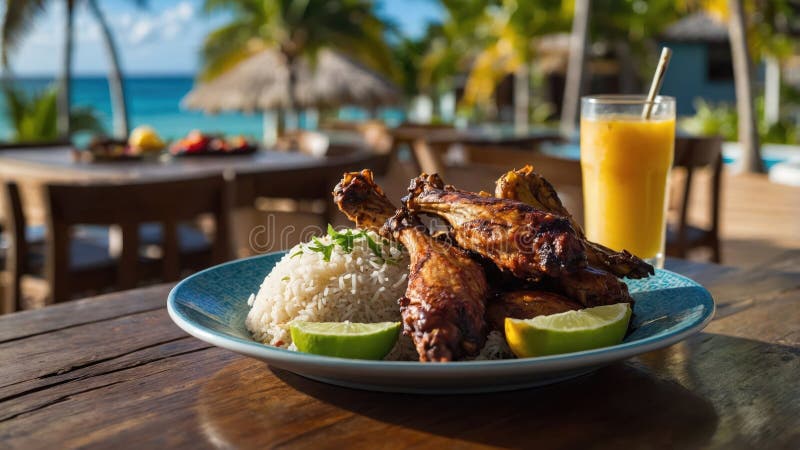 Delicious Grilled Chicken with Rice and Tropical Juice on Beach Stock ...