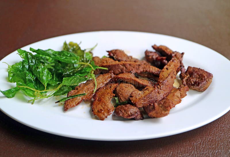 Grilled Garlic Beef Liver Served with Deep Fried Crispy Holy Basil ...