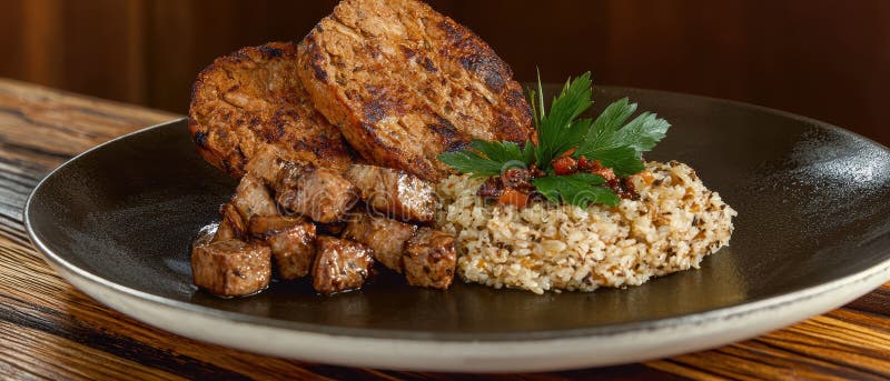 A Plate of Grilled Meat with Rice and Herbs. Stock Illustration ...