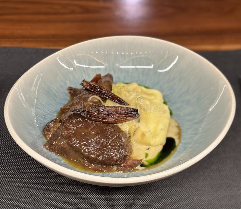 Plate with Grilled Meat Sauce and Mashed Potatoes Stock Photo - Image ...