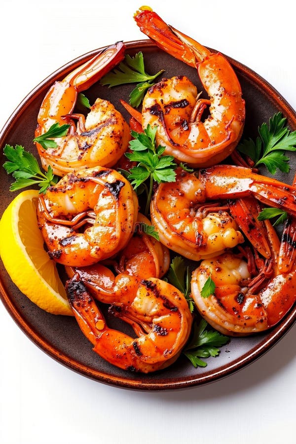A Plate of Grilled Shrimp with Lemon and Parsley on a White Table Stock ...