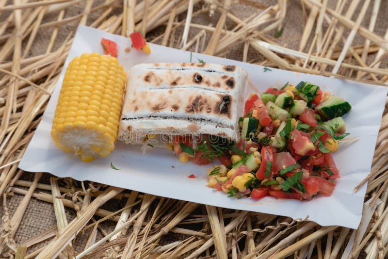 Plate with Grilled Vegetables, Corn and Salad Stock Image - Image of ...