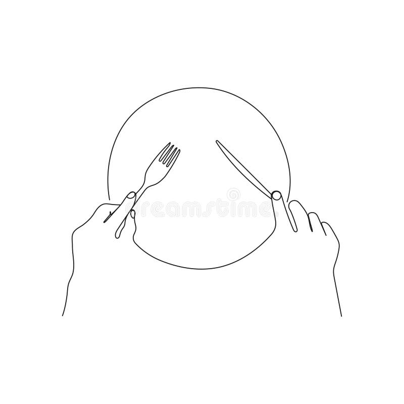 Plate and Hands Holding Fork and Knife. Line Art Stock Vector ...