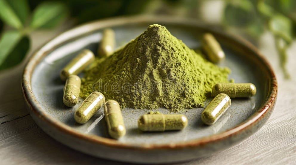 A Plate with Herbal Supplements and Capsules Stock Image - Image of ...
