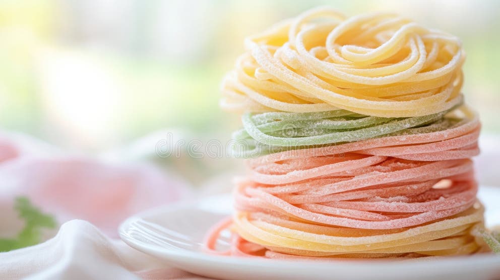 A Plate Holds a Stack of Pasta, Accompanied by a Fork for Serving ...