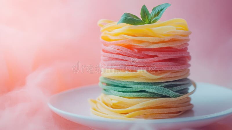 A Plate Holds a Stack of Pasta Topped with a Single Leaf. Stock Photo ...