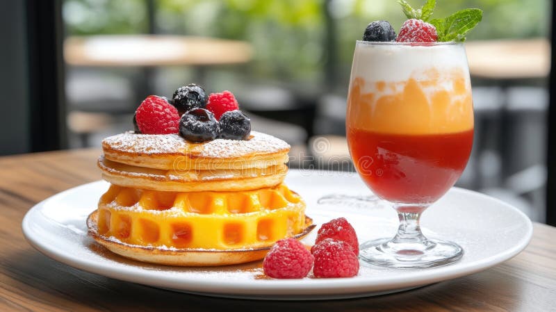 Plate Holds Stack Waffles Topped Berries Syrup Stock Photos - Free ...