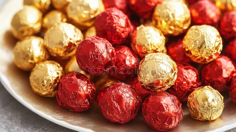Plate of Holiday Truffles in Red and Gold Wrappers Stock Illustration ...