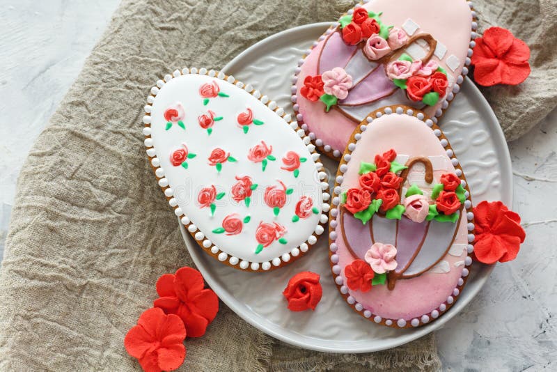 Homemade Glazed Easter Cookies with Floral Decoration. Stock Image ...