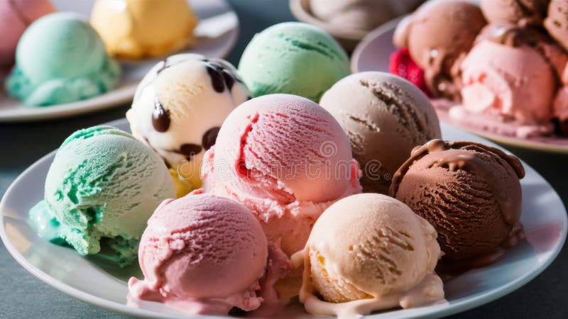 A Plate of Ice Cream with Different Colors and Flavors on it, AI Stock ...