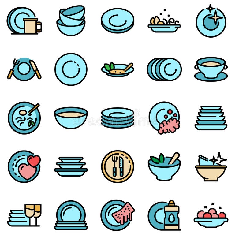Plate Icons Set Vector Flat Stock Vector - Illustration of kitchen ...