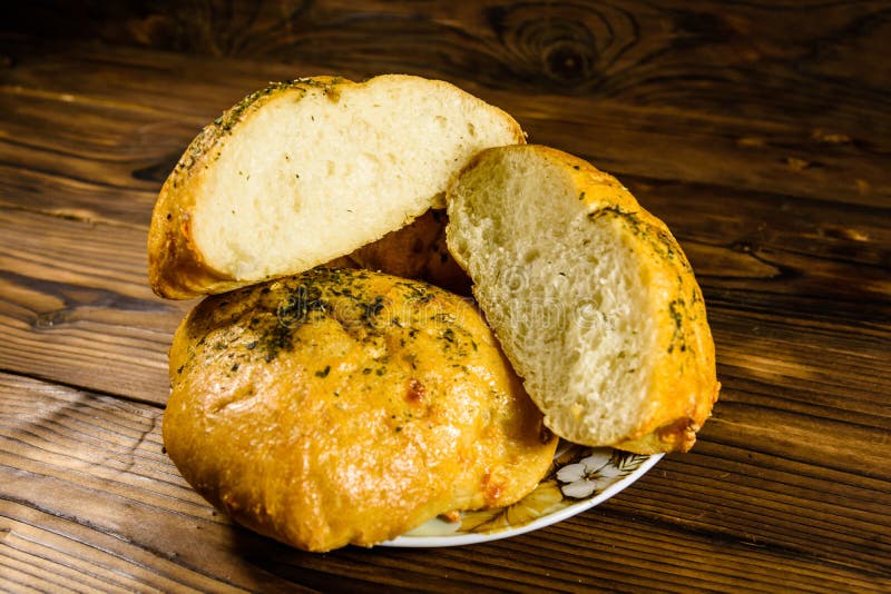 Plate with Italian Bun Ciabatta on Wooden Table Stock Photo - Image of ...