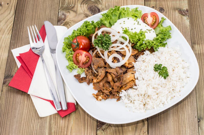 Plate with Kebab and Rice on White Stock Image - Image of kebab, pita ...