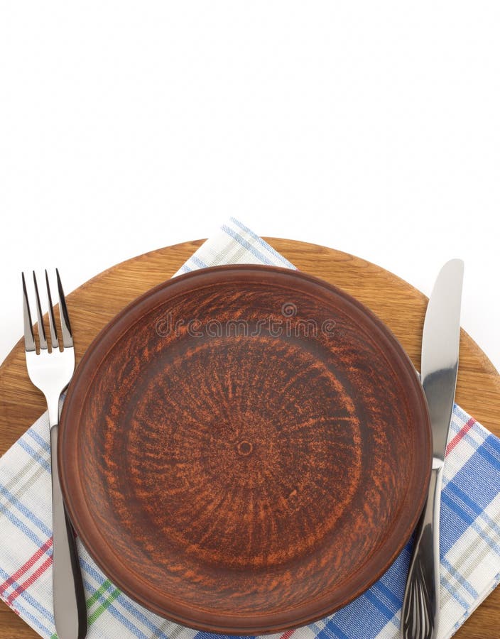 Plate, Knife and Fork at Cutting Board Stock Photo - Image of plate ...