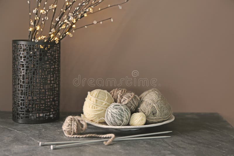 Plate with Knitting Yarn on Table Stock Photo - Image of diffrent, clew ...