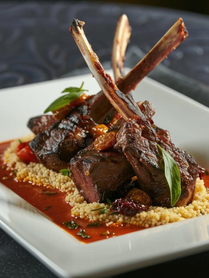 A Plate of Lamb Chops with a Sauce and a Side of Rice Stock Photo ...
